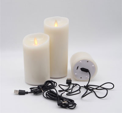Real Wax Flameless Ivory Electric Moving Flame Led Rechargeable Pillar Candle With Timer