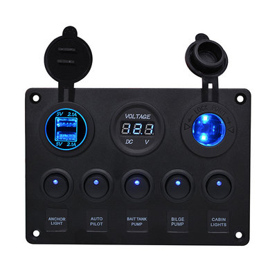 Top Sale 12-24V Waterproof On Off Marine Dual USB Charger Digital Voltmeter 5Gang Rocker Switch Panel With Car cigarette
