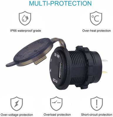 Waterproof QC 3.0 USB Charger Socket Power Outlet with Digital Voltmeter + Ammeter Monitoring for Car Boat Marine Rv Mot