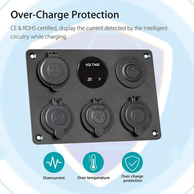 12V Cigarette Socket Panel, 3-Socket Cigarette Lighter Splitter & 12V 4.2A Dual USB Car Socket & LED Lighted ON Off Rock