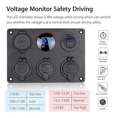 12V Cigarette Socket Panel, 3-Socket Cigarette Lighter Splitter & 12V 4.2A Dual USB Car Socket & LED Lighted ON Off Rock