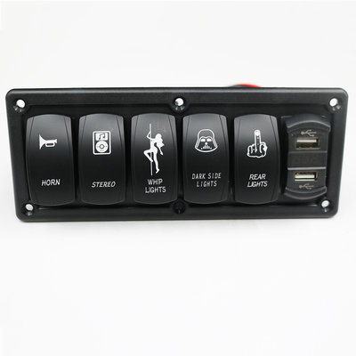 Plastic 5 Gang Rocker Switch Panel with 4.2 Amps Dual USB Socket with Voltmeter Pre-Wired for Marine Boat Car Truck