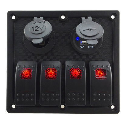 12V Power Socket Boat Car RV Dual USB Socket 3.1A DC Universal 4 Way Led Rocker Switch Panel