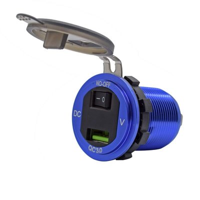 Black Metal 12V/24V Waterproof QC3.0 USB socket Charger with Voltmeter and On/Off Switch for Car Boat Motorcycle Marine