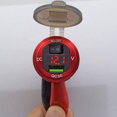 Black Metal 12V/24V Waterproof QC3.0 USB socket Charger with Voltmeter and On/Off Switch for Car Boat Motorcycle Marine