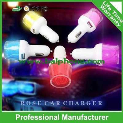 Dual car usb charger with rose lighting . 2 USB car charger with rose indicator