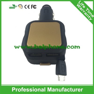 V4.8A 2 USB free logo printing car charger with retractable cable