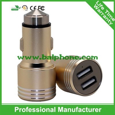 Newest dual usb car charger with life hammer, dual usb aluminum car charger