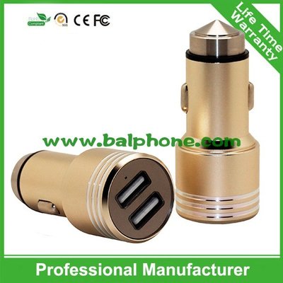 Newest dual usb car charger with life hammer, dual usb aluminum car charger