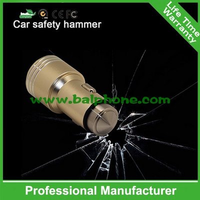 Newest dual usb car charger with life hammer, dual usb aluminum car charger