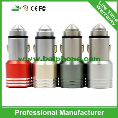 Newest dual usb car charger with life hammer, dual usb aluminum car charger