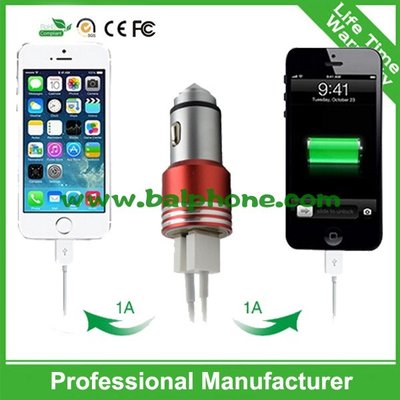 Newest dual usb car charger with life hammer, dual usb aluminum car charger