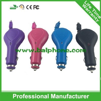 High Performance Mobile Phones Micro USB Retractable Cable Car Charger with USB Output,USB