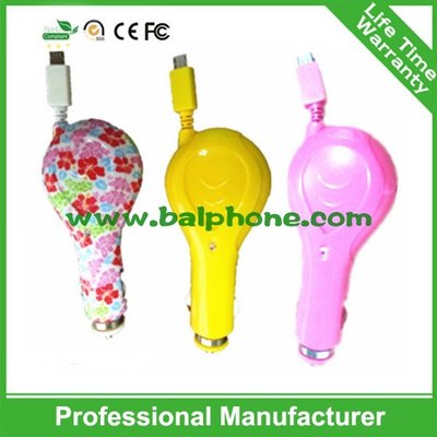 High Performance Mobile Phones Micro USB Retractable Cable Car Charger with USB Output,USB