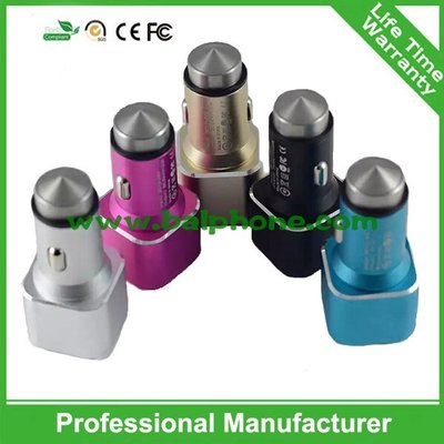 factory supply safest dual usb port aluminum alloy car charger with emergency hammer