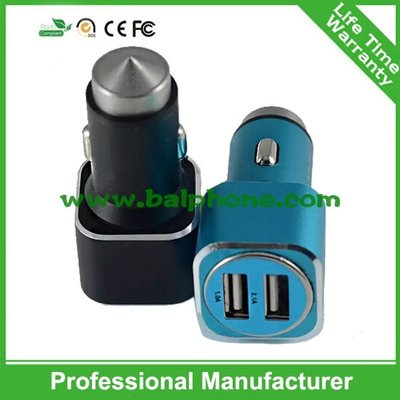 factory supply safest dual usb port aluminum alloy car charger with emergency hammer