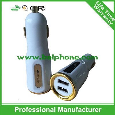 Dual USB car charger with marquee light on logo for smartphone with 2.1A