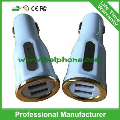 Dual USB car charger with marquee light on logo for smartphone with 2.1A
