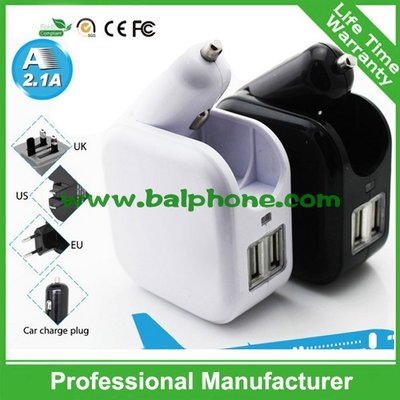 Manufacturer direct promotion portable 2 in 1 travel and car charger interchangeable plug
