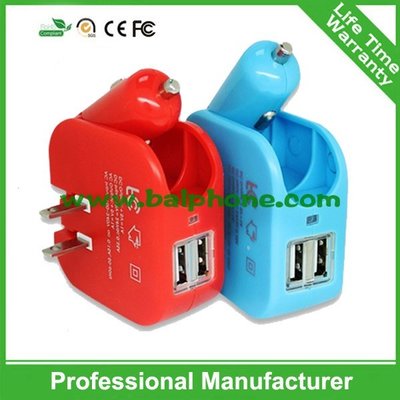 Manufacturer direct promotion portable 2 in 1 travel and car charger interchangeable plug