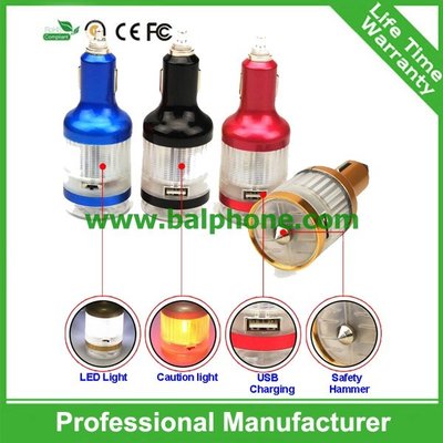 2.1A New  4 in 1 Car charger Colourful USB charging with safety hammer LED light caution light