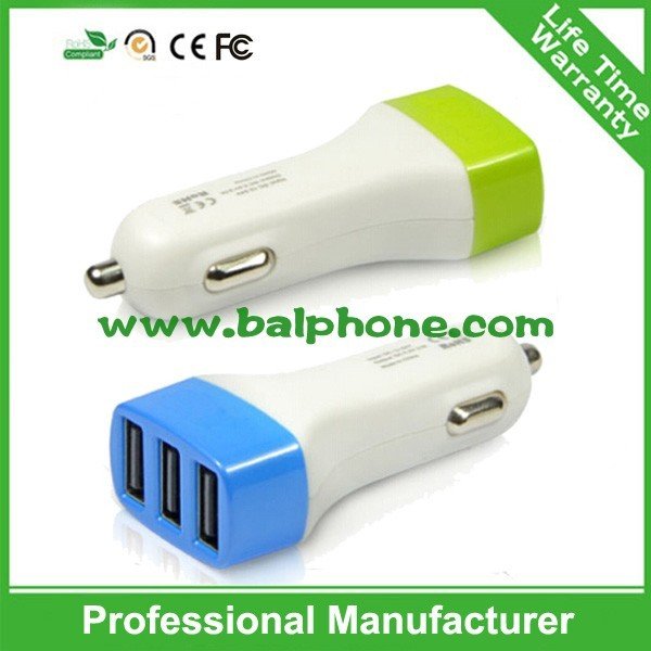 Wholesale 3 USB Port DC 5V 1A-2.1A Auto Mobile Phone Car Charger for iPhone iPad Tablet PC