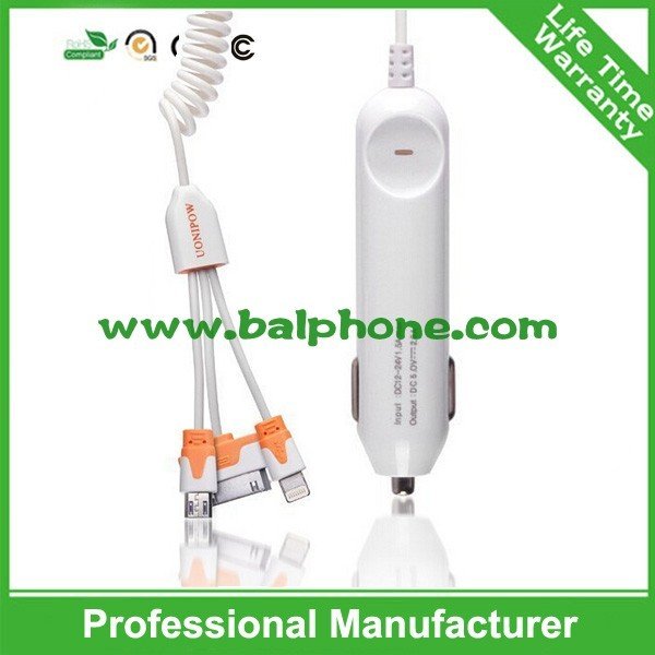 Hot selling car charger with cable for iphone6/5/iphone4/HTC/Sumsung