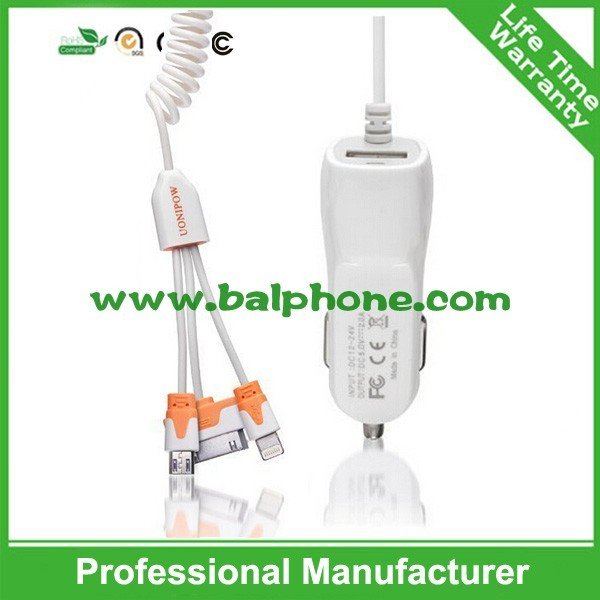high quality car charger with cable for iphone6/5/iphone4/HTC/Sumsung