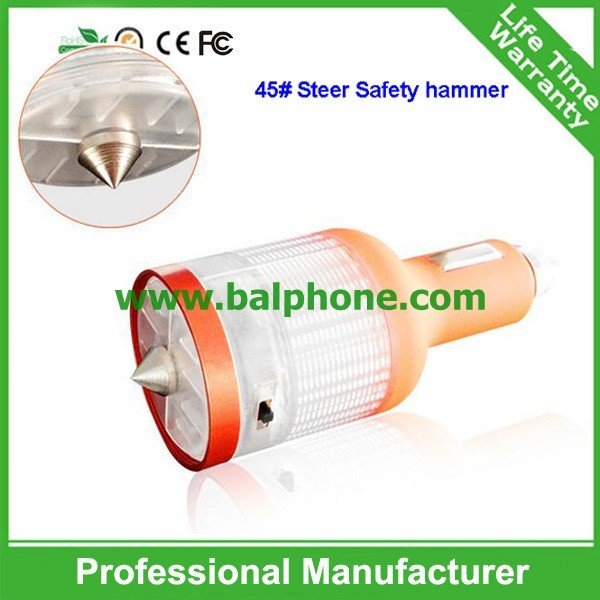 2.1A New  4 in 1 Car charger Colourful USB charging with safety hammer LED light caution light