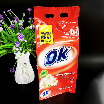 6 colors Printing plastic bag with handle 100 mic PA/PE washing powder packaging bag supplier