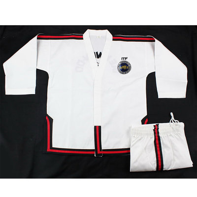 Hot sale Custom white collar ITF master Taekwondo uniform striped ITF TKD uniform Taekwondo Gi for master 4-6 dan supplier