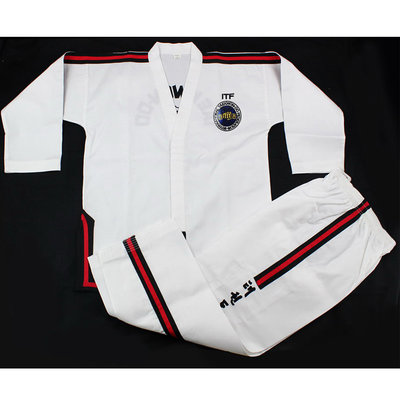 Hot sale Custom white collar ITF master Taekwondo uniform striped ITF TKD uniform Taekwondo Gi for master 4-6 dan supplier