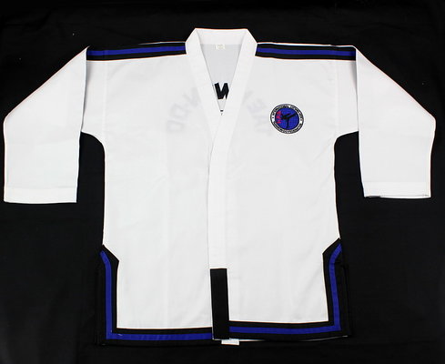 Custom white collar ITF master Taekwondo uniform blue strip ITF TKD uniform Taekwondo Gi for master 4-6 dan supplier