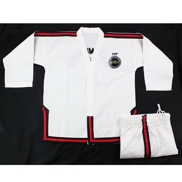 Hot sale Custom white collar ITF master Taekwondo uniform striped ITF TKD uniform Taekwondo Gi for master 4-6 dan supplier