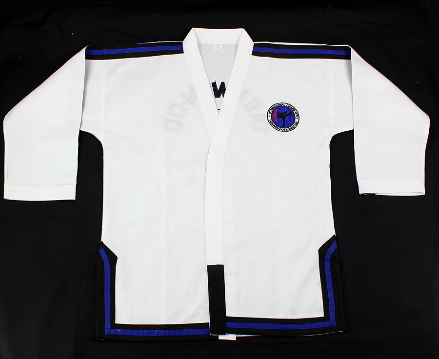 Custom white collar ITF master Taekwondo uniform blue strip ITF TKD uniform Taekwondo Gi for master 4-6 dan supplier