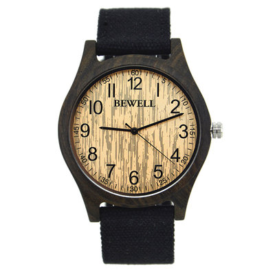 Eco - Friendly Black Mens Wooden Watch With Canvas Strap / Water Resistant Wood Watch