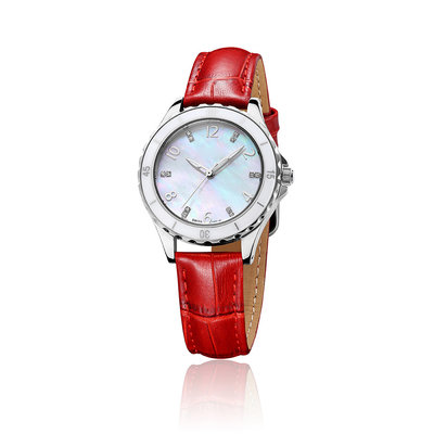 Classic Stainless Steel Women Watch With Red And White Leather Band