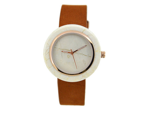 Marble Case Mens Wrist Watches With Wood Caseback Leather Strap , Stainless Steel Buckle
