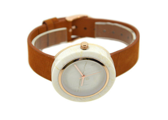 Marble Case Mens Wrist Watches With Wood Caseback Leather Strap , Stainless Steel Buckle