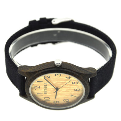 Eco - Friendly Black Mens Wooden Watch With Canvas Strap / Water Resistant Wood Watch