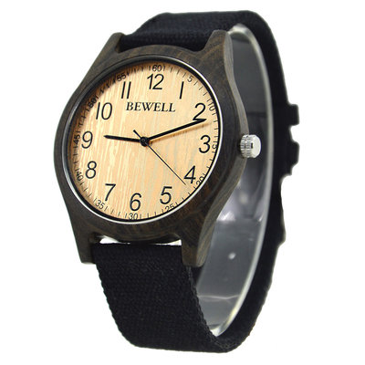 Eco - Friendly Black Mens Wooden Watch With Canvas Strap / Water Resistant Wood Watch