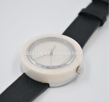 Dive Elegant ivory white marble watch , Slim Stone Quartz Watch With Genuine Leather