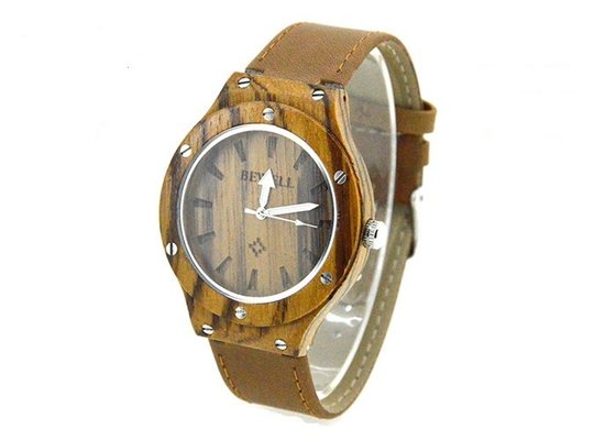 Custom Luxury Wooden Watch With Leather Band , Simple Design Metal Nails On The Bezel