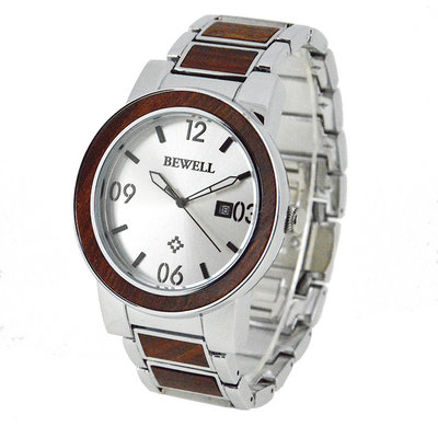 5 ATM Waterproof Men Wood And Steel Watches , Red Sandalwood And Ss Eco Friendly Watches