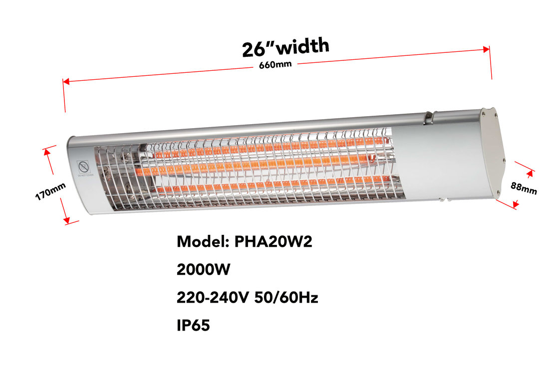 IP65 2000W Electric Patio Heater Infrared Radiant Heat  Carbon fiber heating element Wall-Mounted/free standing outdoor