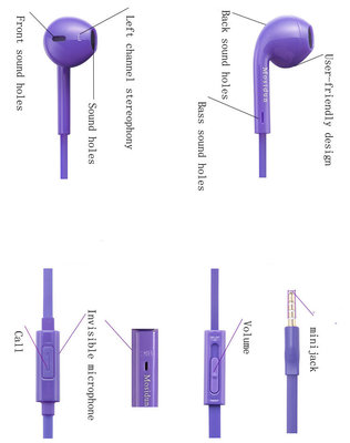 In-Ear Stereo Purple Earphone 3.5mm Headphones Headset with Mic for Iphone