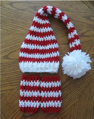 Photography Props Striped Handmade Christmas Santa Elf Long Tail Baby Crochet White Red Hats