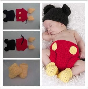 Newborn Baby Photo Prop Crochet Custom Mickey Mouse Photography Back Drop Props Clothing Sets