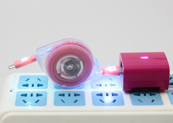 Retractable PVC Mirco To USB Charging Cable In Clear Case With Light Up Plug