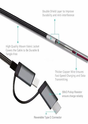4ft Micro USB To Type C Sync And Charge Cable Micro / 8pin , Multicolor